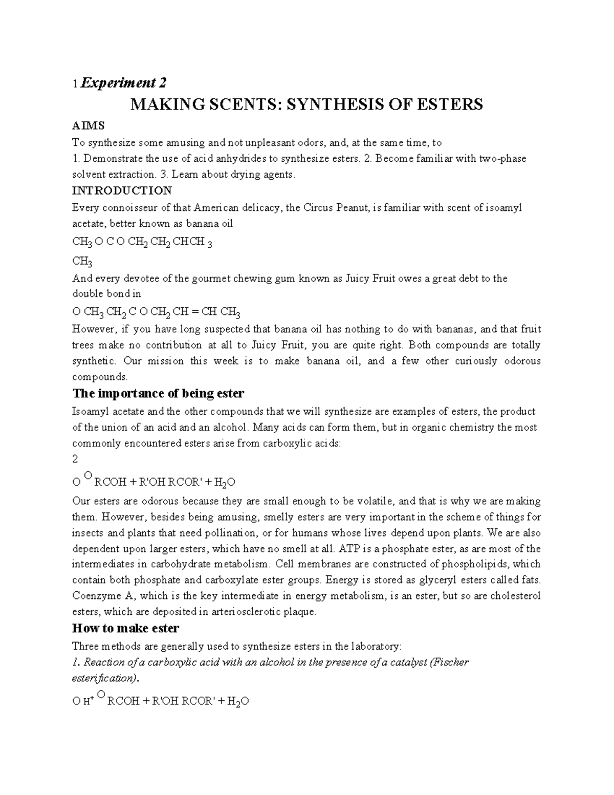 Synthesis of Esters: A Hands-on Guide for CHEM 101 Lab - Studocu