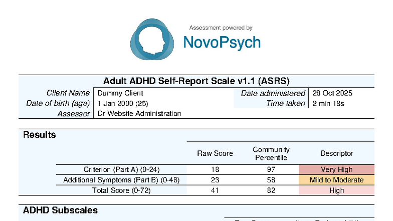Adult ADHD Scale (ASRS) Results for Dummy Client - 28 Oct 2025 - Studocu