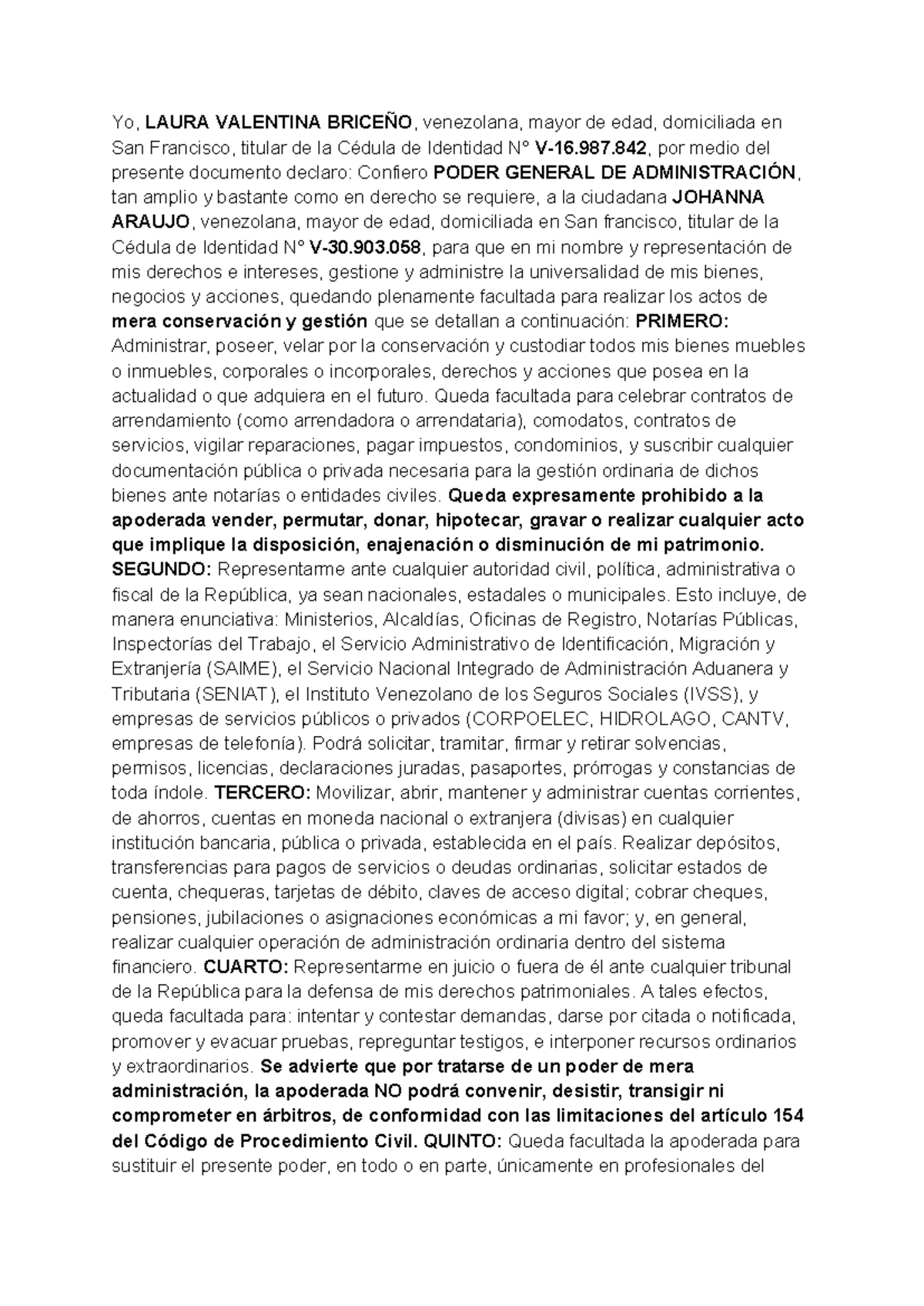 Poder General de Administración - Documento Legal G - Studocu
