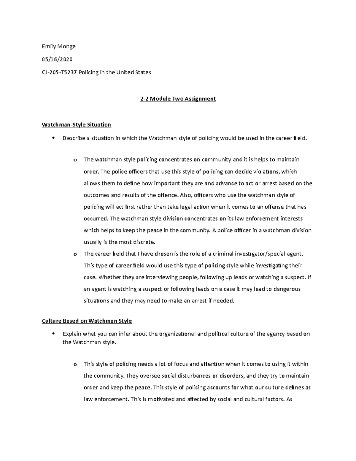 CJ-205-T5237 Module Two Assignment: Policing Styles Explained - Studocu