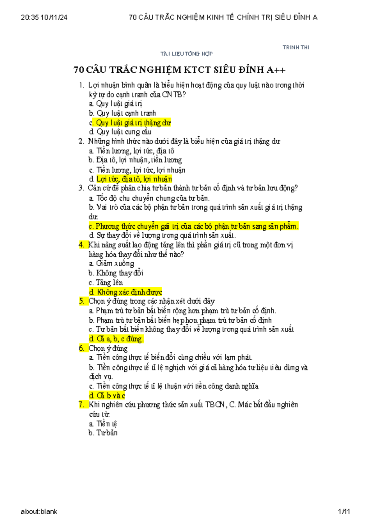 70 CÂU TRẮC NGHIỆM KINH TẾ CHÍNH TRỊ SIÊU ĐỈNH A - TRINH THI T I LI U T NG H P 70 CÂU TR ẮC NGHI ...