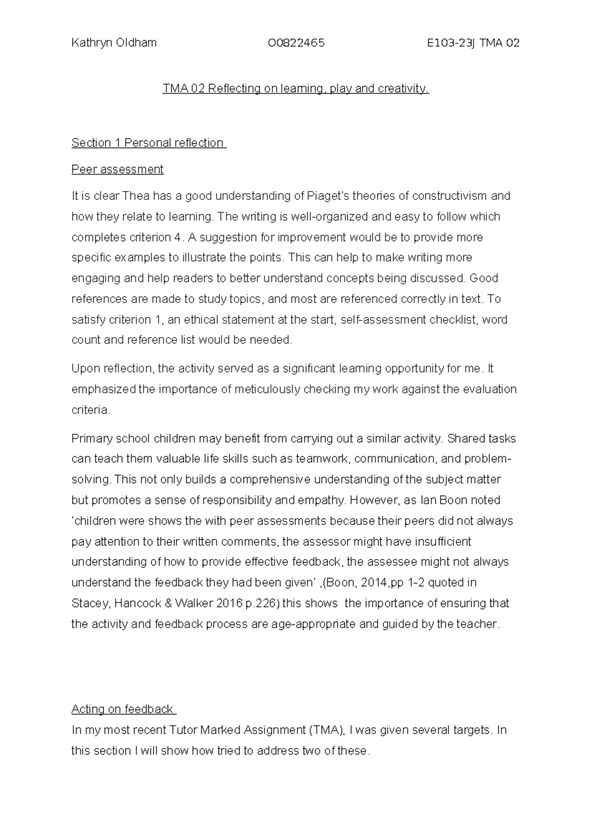 E103 TMA02 Final: Reflection on Learning, Play, and Creativity - Studocu
