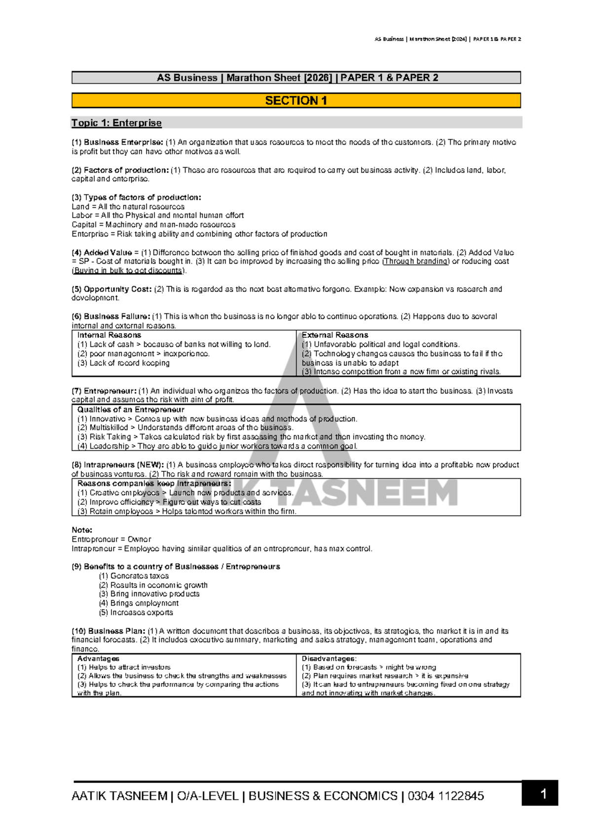 AS Business Economics Marathon Sheet: Key Concepts Overview - Studocu