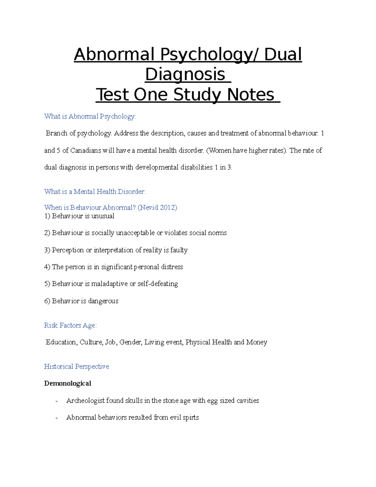 Abnormal Psychology Test One Review - Abnormal Dual Diagnosis Test One ...