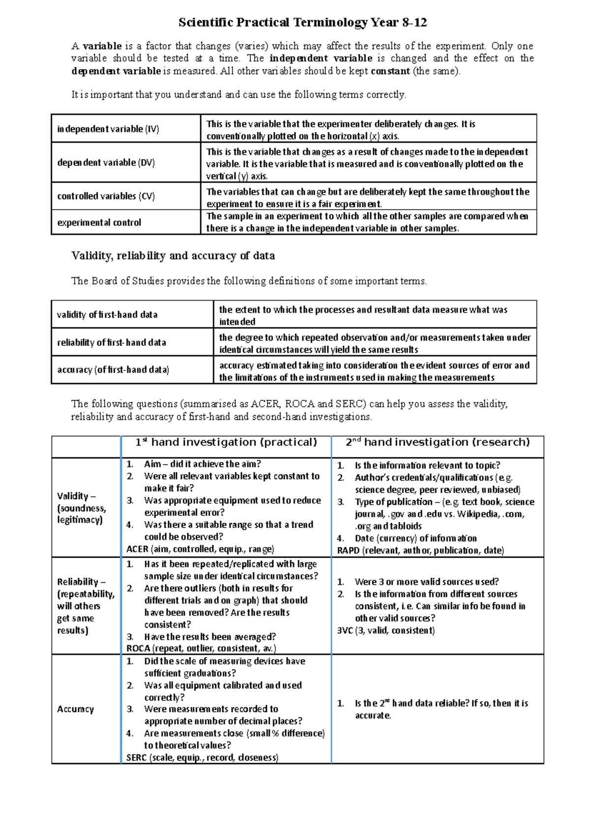 Validity, Reliability, and Accuracy in Scientific Experiments (Year 8 ...