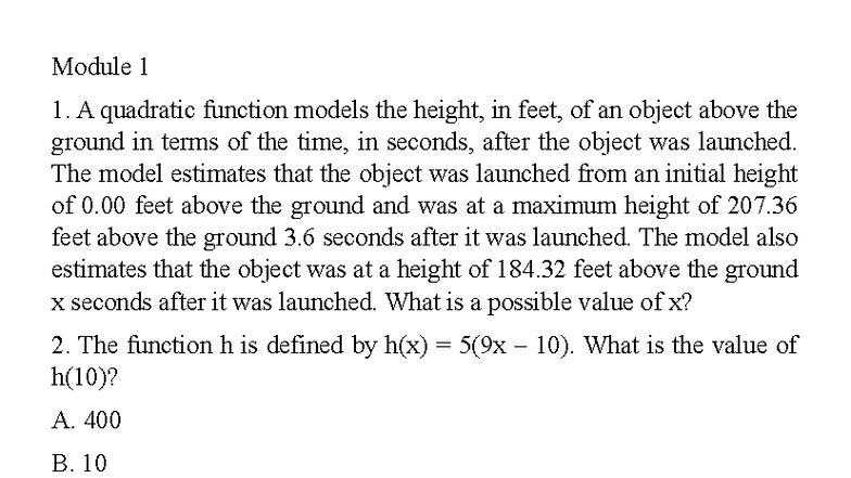 US A - 10 - SAT Math Module 1 Practice Problems - Studocu