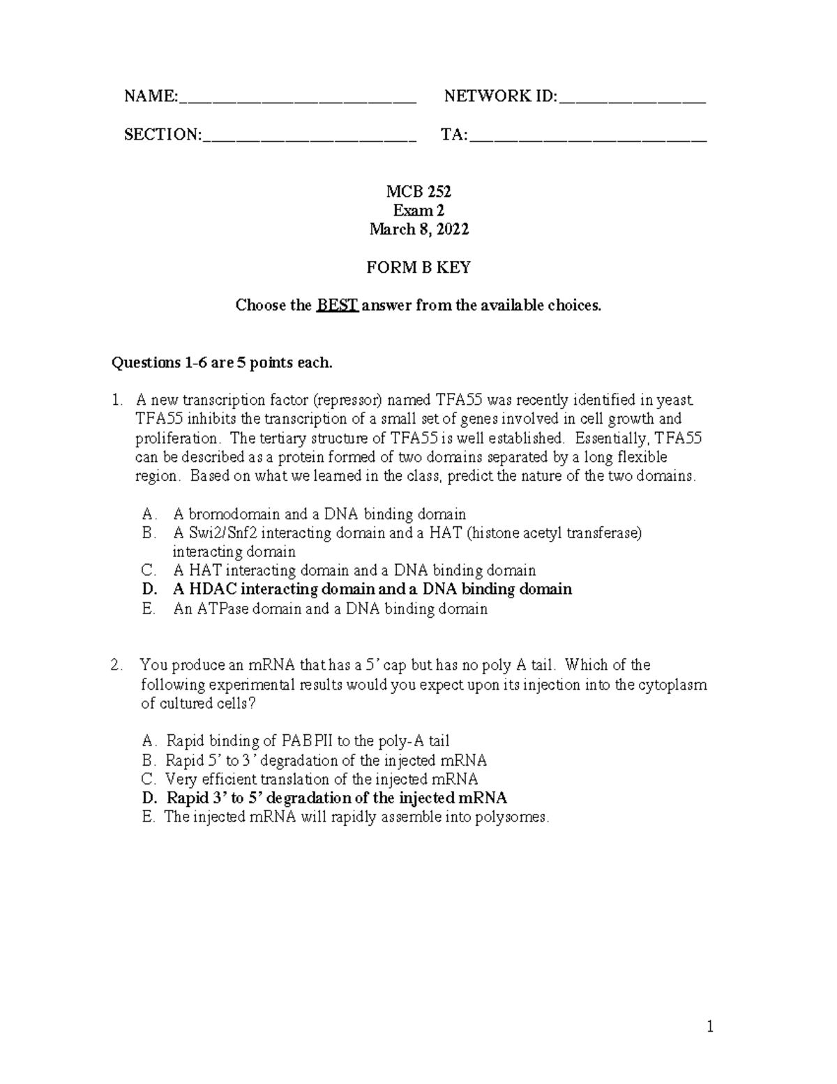 MCB 252 SP22 Exam 2 Form B Answer Key and Explanation Notes - Studocu