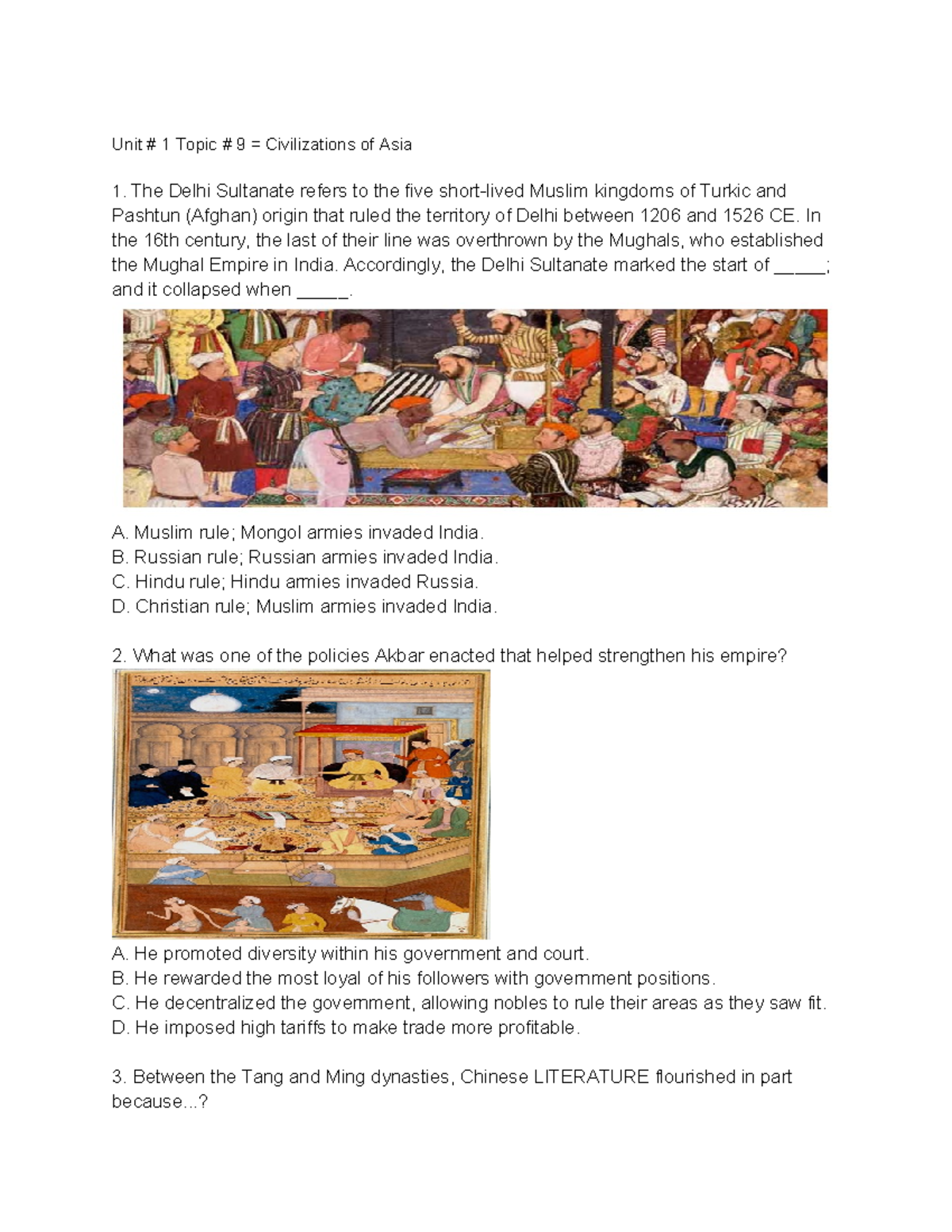 Unit 1 Topic 9: Civilizations of Asia - Study for History Test - Studocu