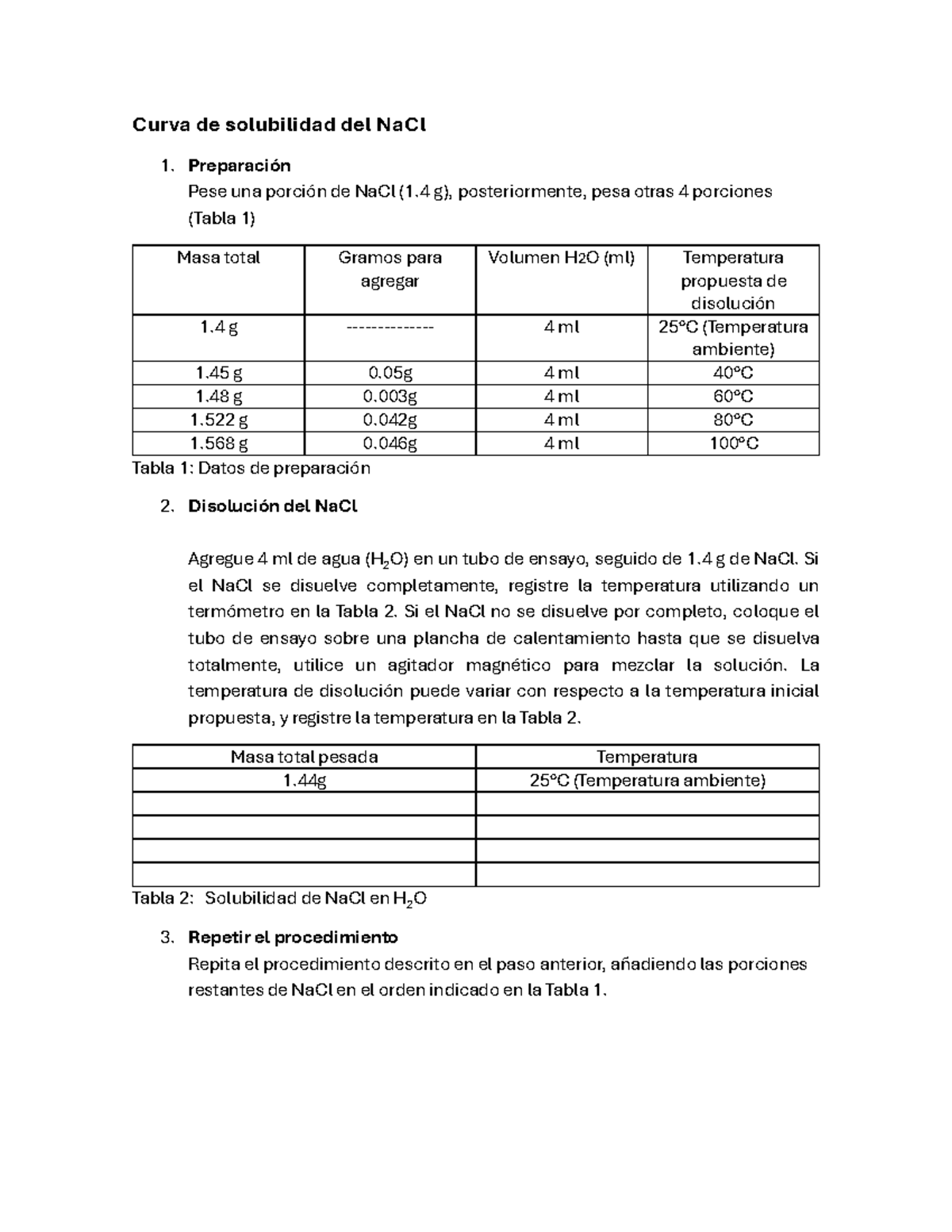 Curva de Solubilidad de NaCl: Experimento de Disolución en H₂O - Studocu