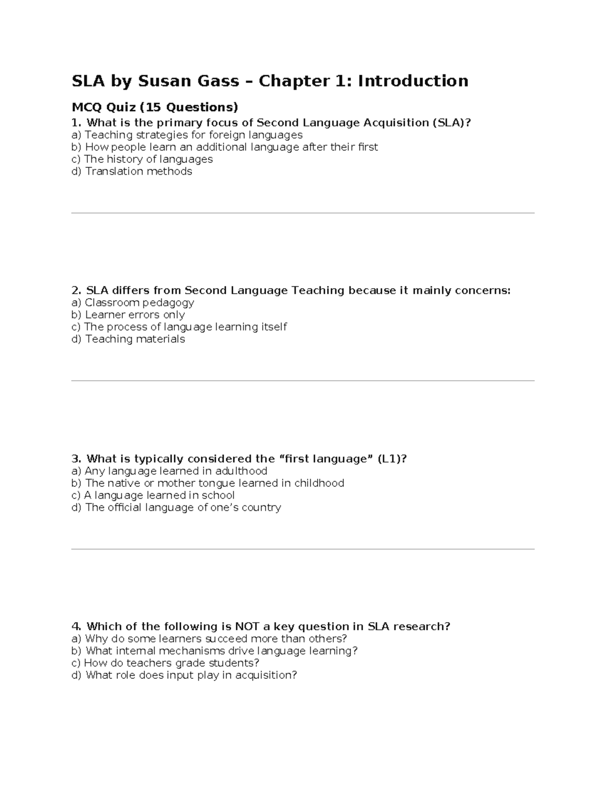 SLA Susan Gass Chapter 1: Intro MCQ Quiz (15 Qs) - Studocu