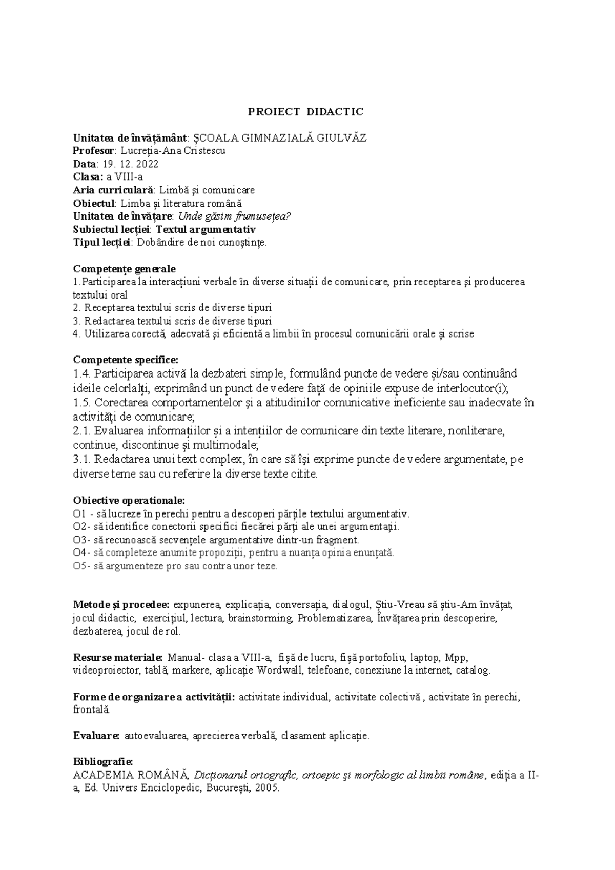 Proiect Didactic: Textul Argumentativ - Clasa a VIII-a - Studocu