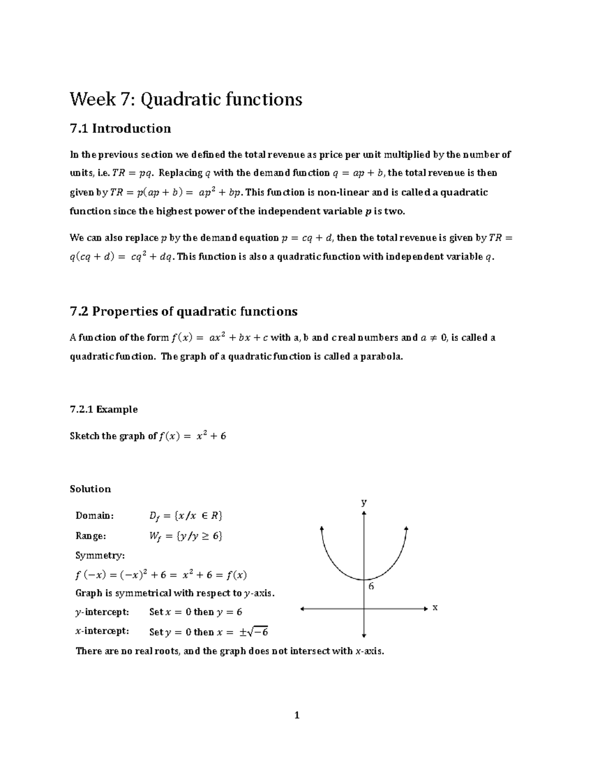 Week 7: Quadratic Functions Lecture Notes - Studocu