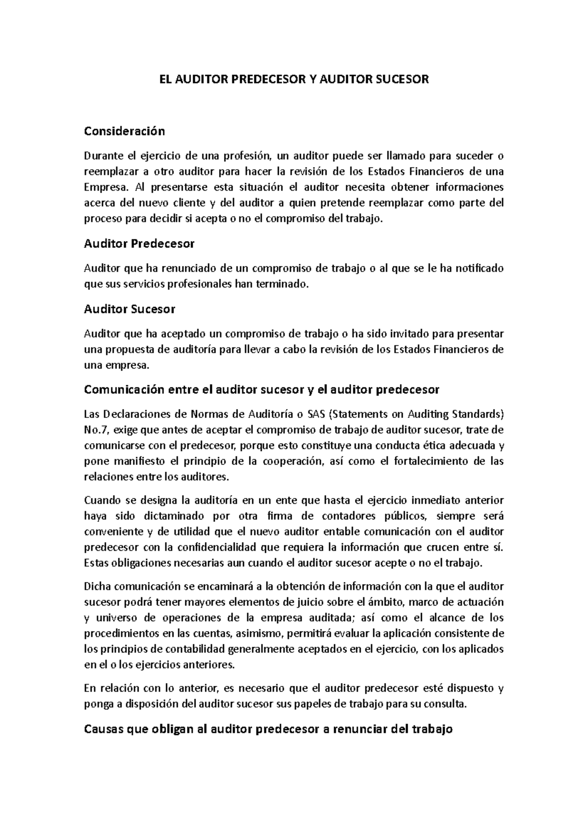 Consideraciones sobre el Auditor Predecesor y el Sucesor en Auditoría ...