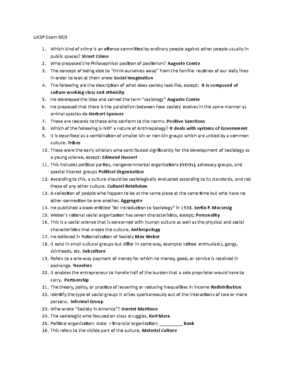 UCSP OED Exam Reviewer: Key Concepts & Theories in Sociology - Studocu