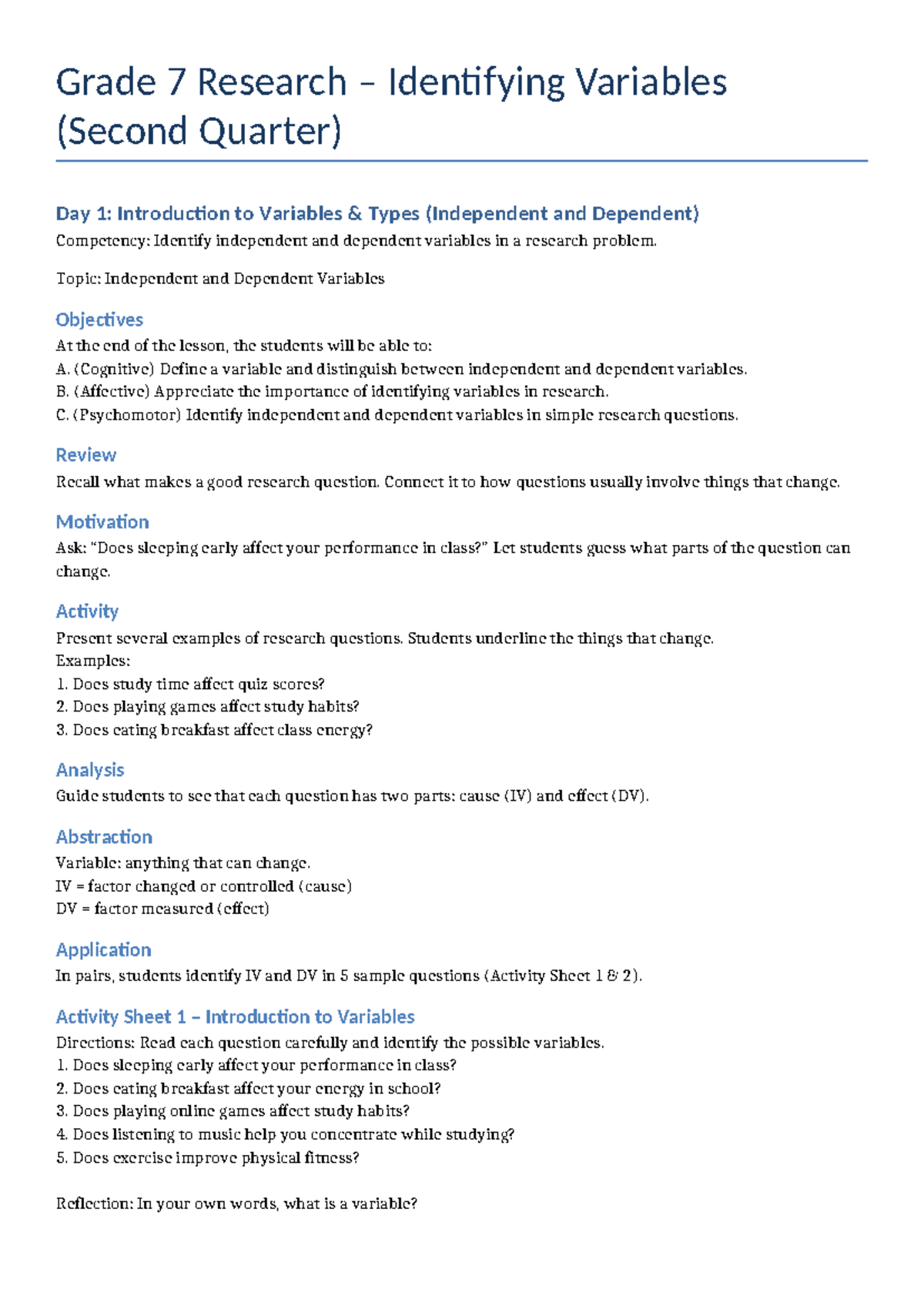 Grade 7 Research: Identifying IV & DV (2nd Quarter) Lessons D1 & D2 ...