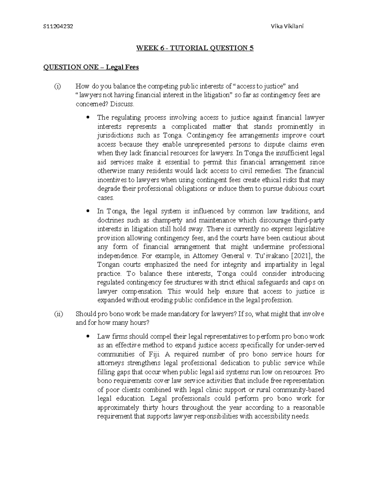 LW306 Week 6 Tutorial Questions: Legal Fees & Conflict of Interest ...