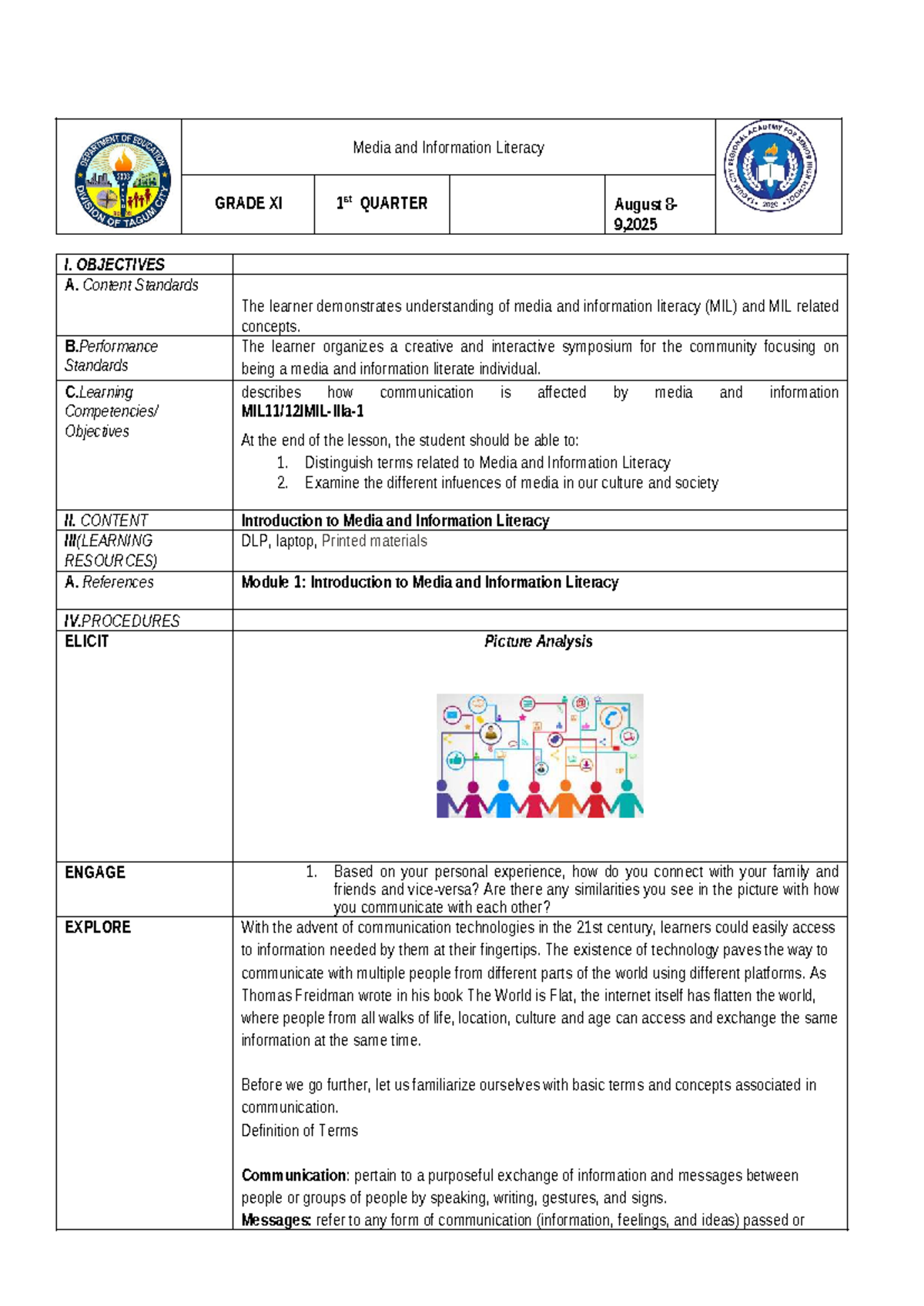 Media and Information Literacy GRADE XI: 1st Quarter Lesson Plan - Studocu