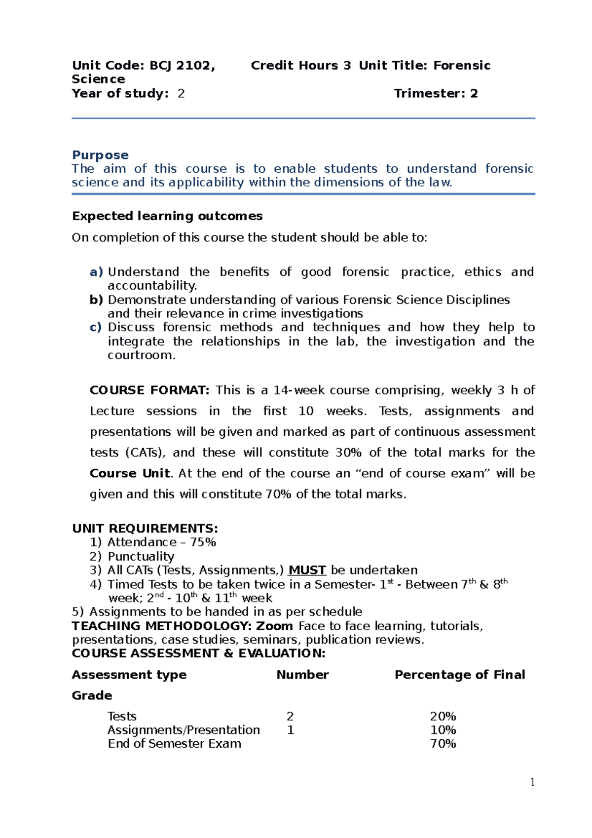 Forensic Science - Course outline - Unit Code: BCJ 2102, Credit Hours 3 ...