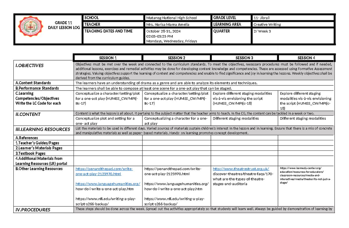 Creative Writing Lesson Plan (Grade 11) for One-Act Play Development ...