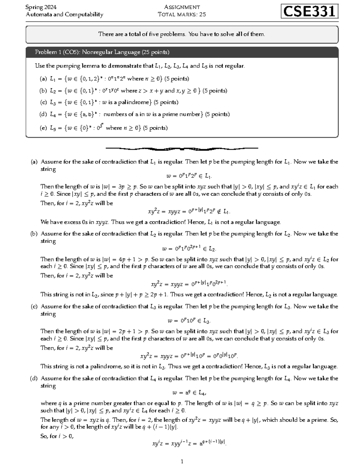 Spring 2024 CSE331 Automata & Computability Pumping Lemma Assignment ...