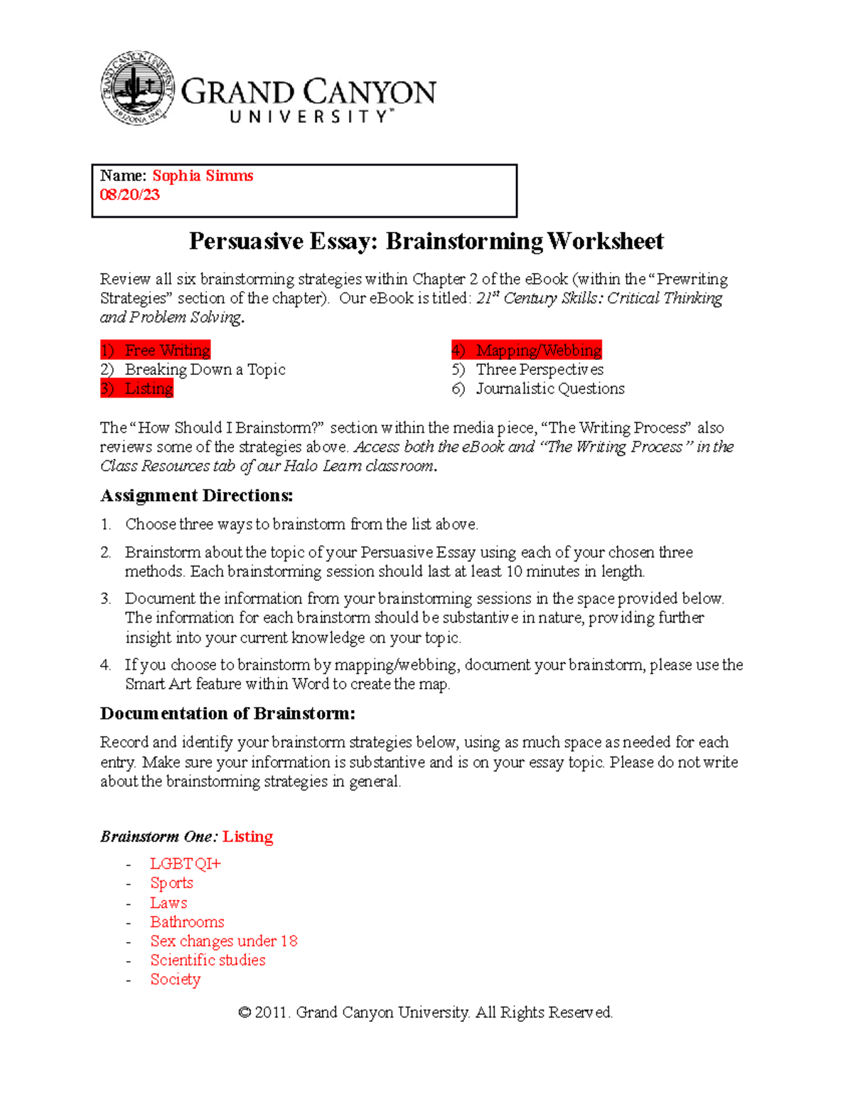 PHI105 Brainstorming Worksheet - Name: Sophia Simms 08/20/ Persuasive ...