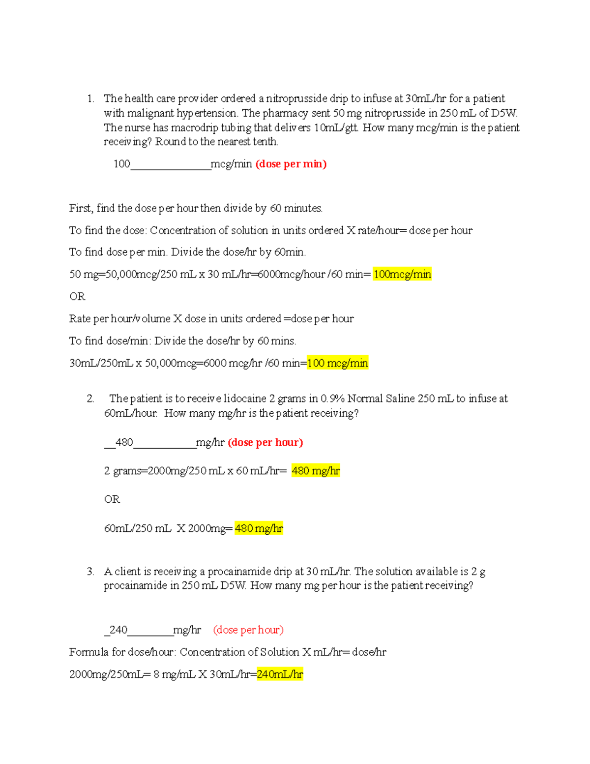 Math 2 - Med Surg II Critical Care Dosage Calculation Practice ...
