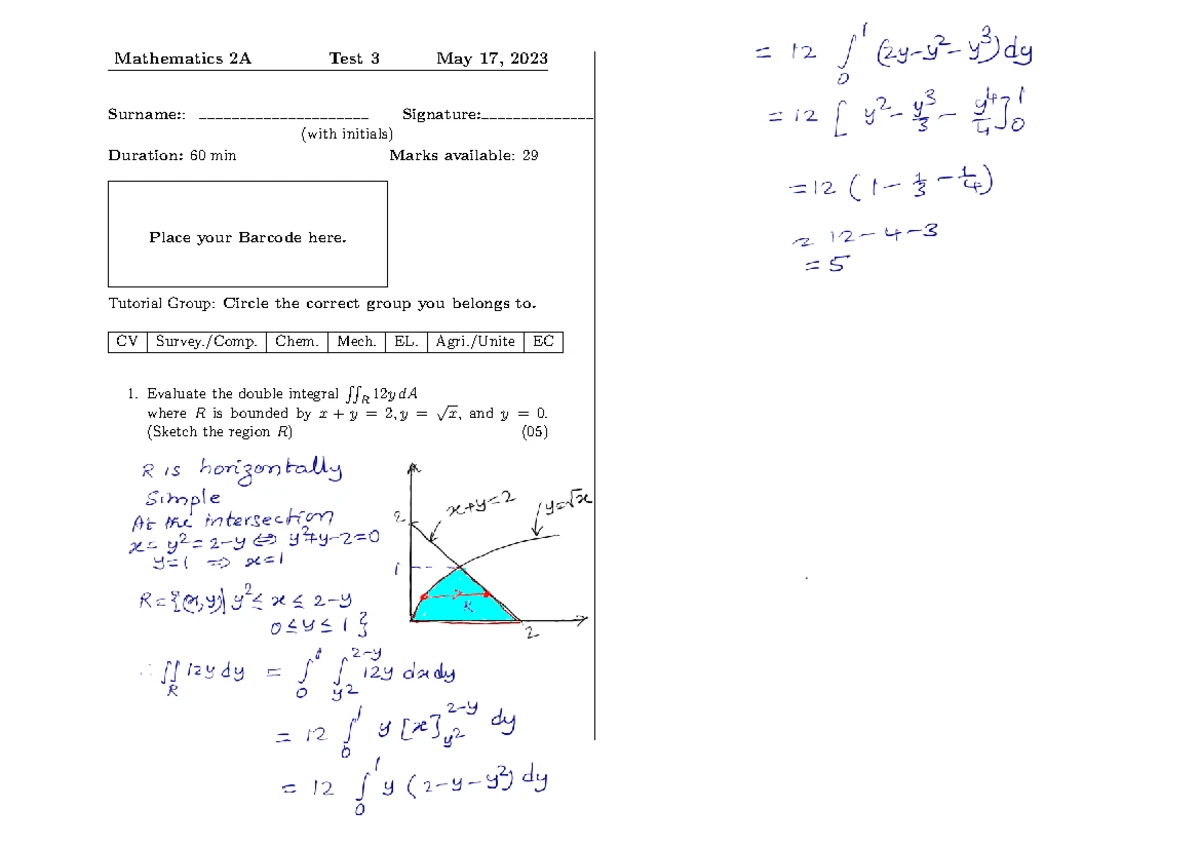Test 3 Math238 - Mathematics 2A - Double Integrals Exam 2023 - Studocu