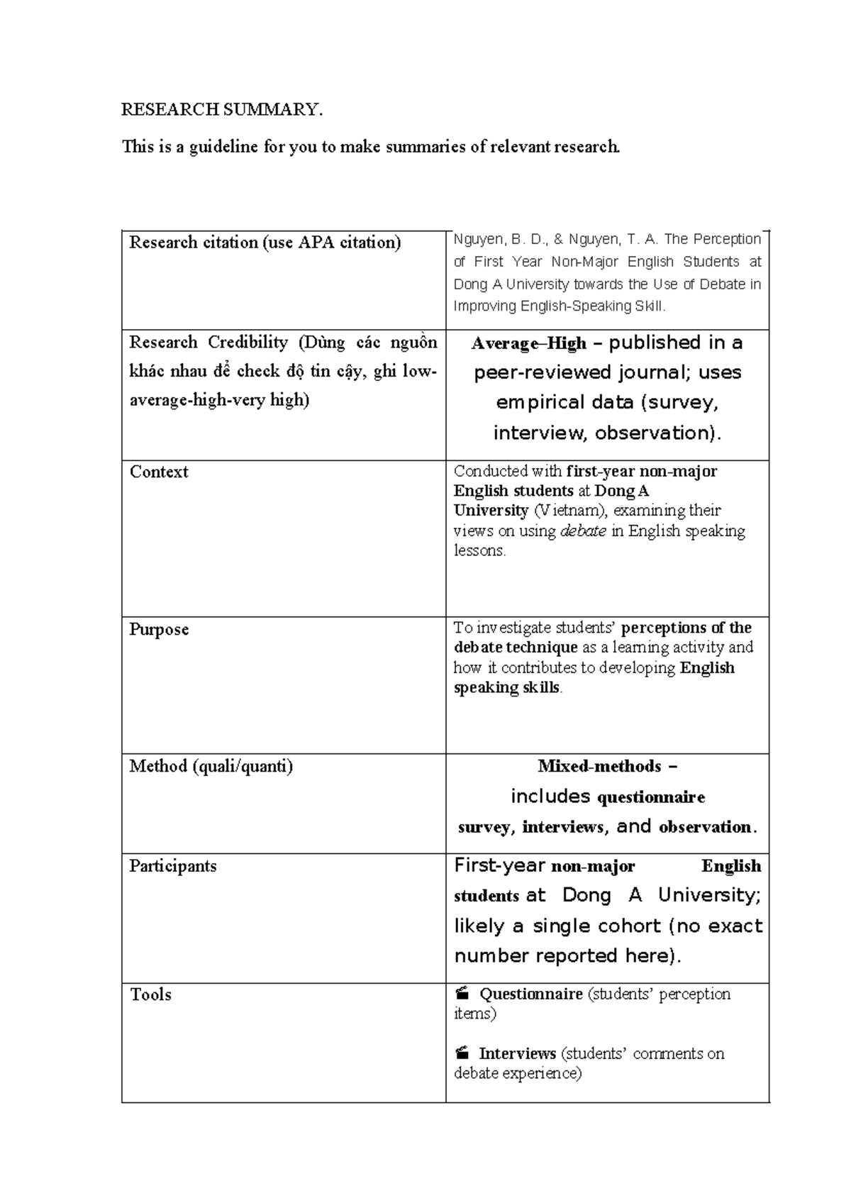 RESEARCH SUMMARY: Perceptions of Debate in English Learning - Studocu