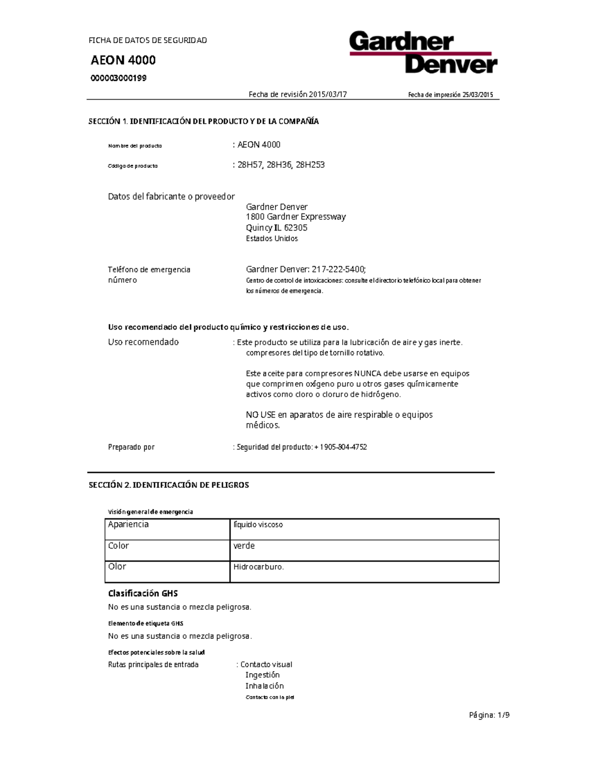AEON 4000 SDS: Información de Seguridad y Manejo del Producto - Studocu