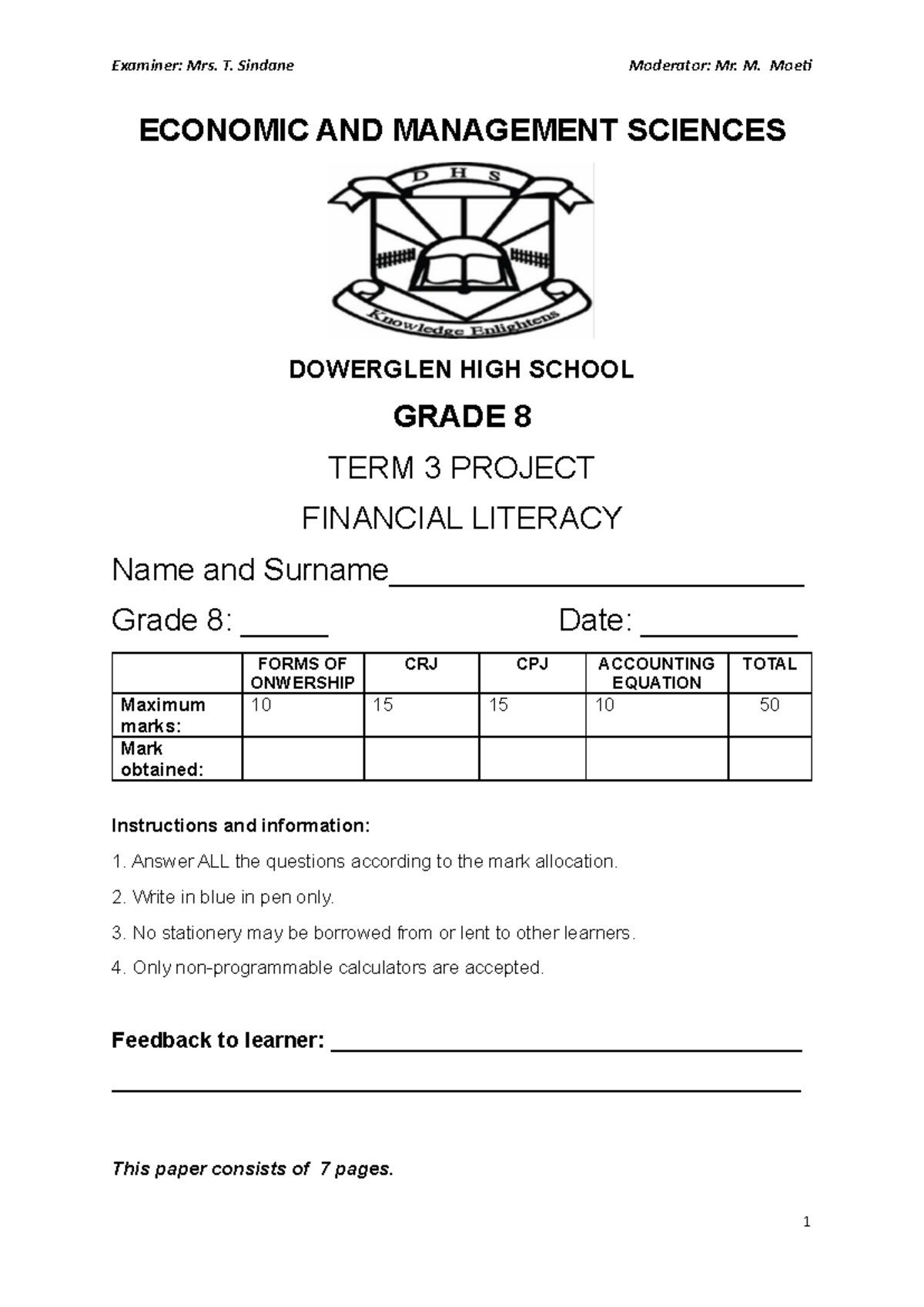 Economic and Management Sciences Grade 8 Term 3 Project on Financial ...
