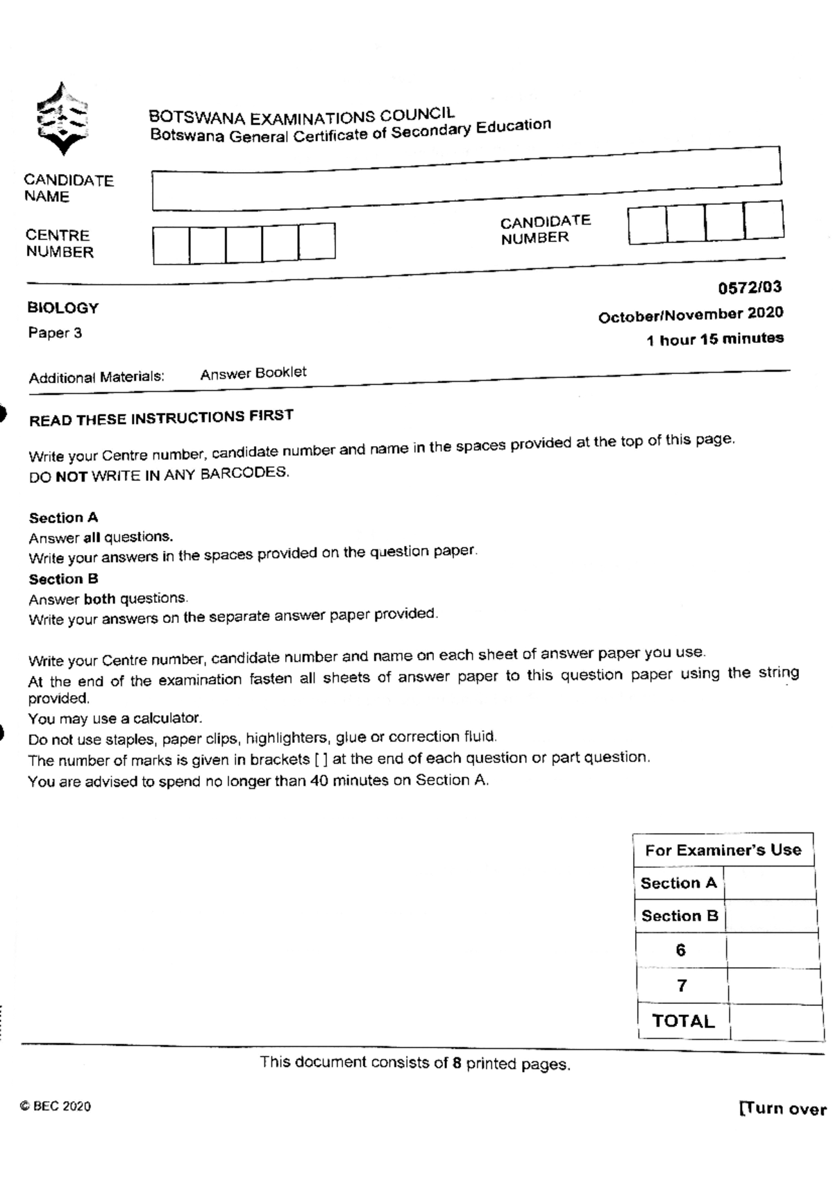 Biology 2020 - Paper 3 Exam Instructions and Questions Summary - Studocu
