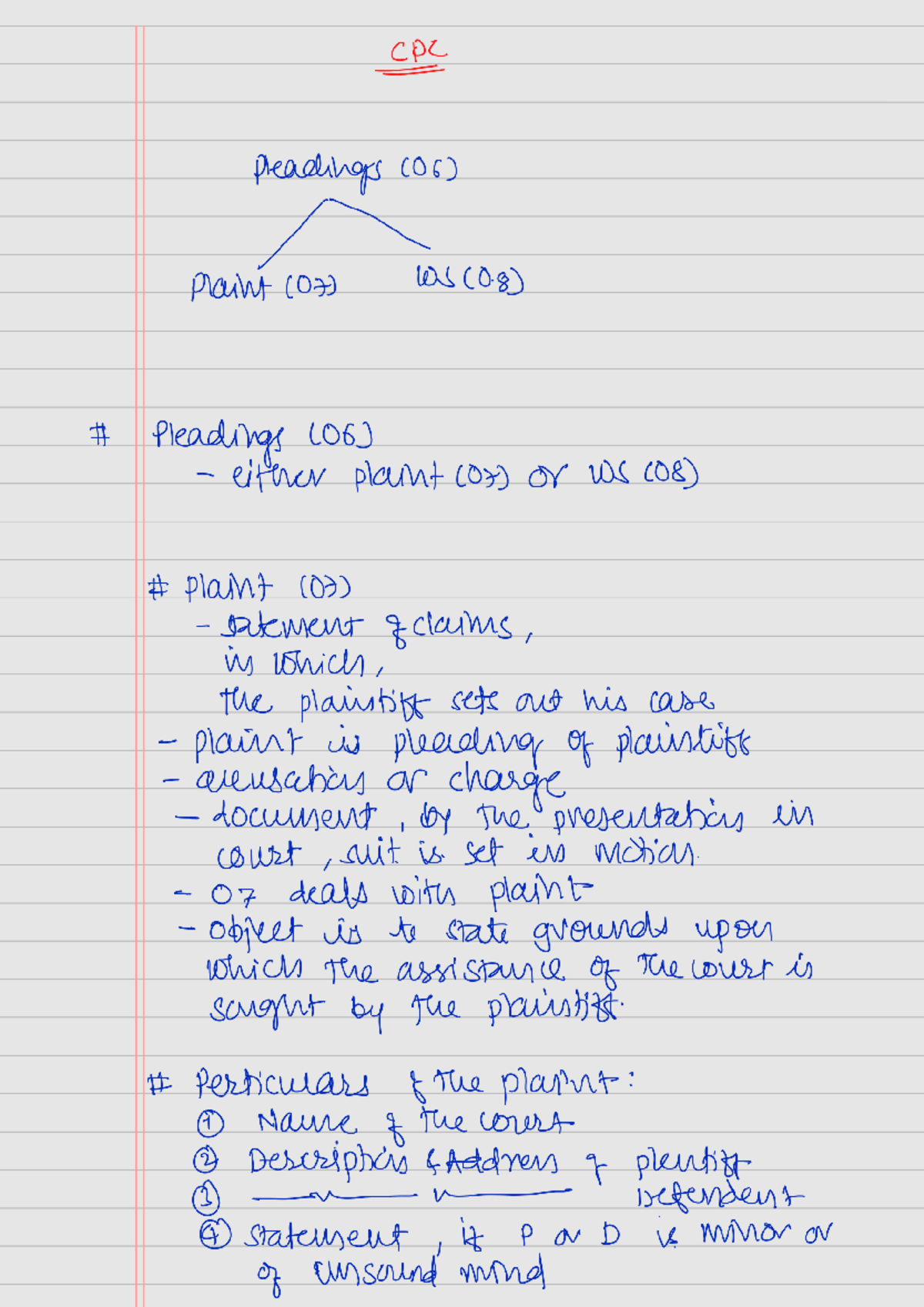 CPC 250216: Notes on Pleadings - Plaint and Written Statement Overview ...