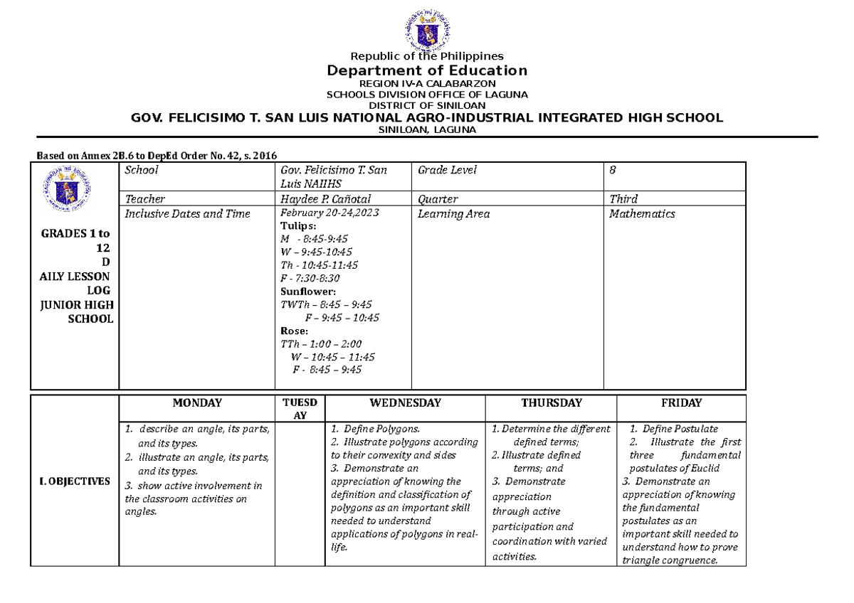 Math 8 Q3 Wk2 - Daily Lesson Log for Junior High Geometry - Studocu