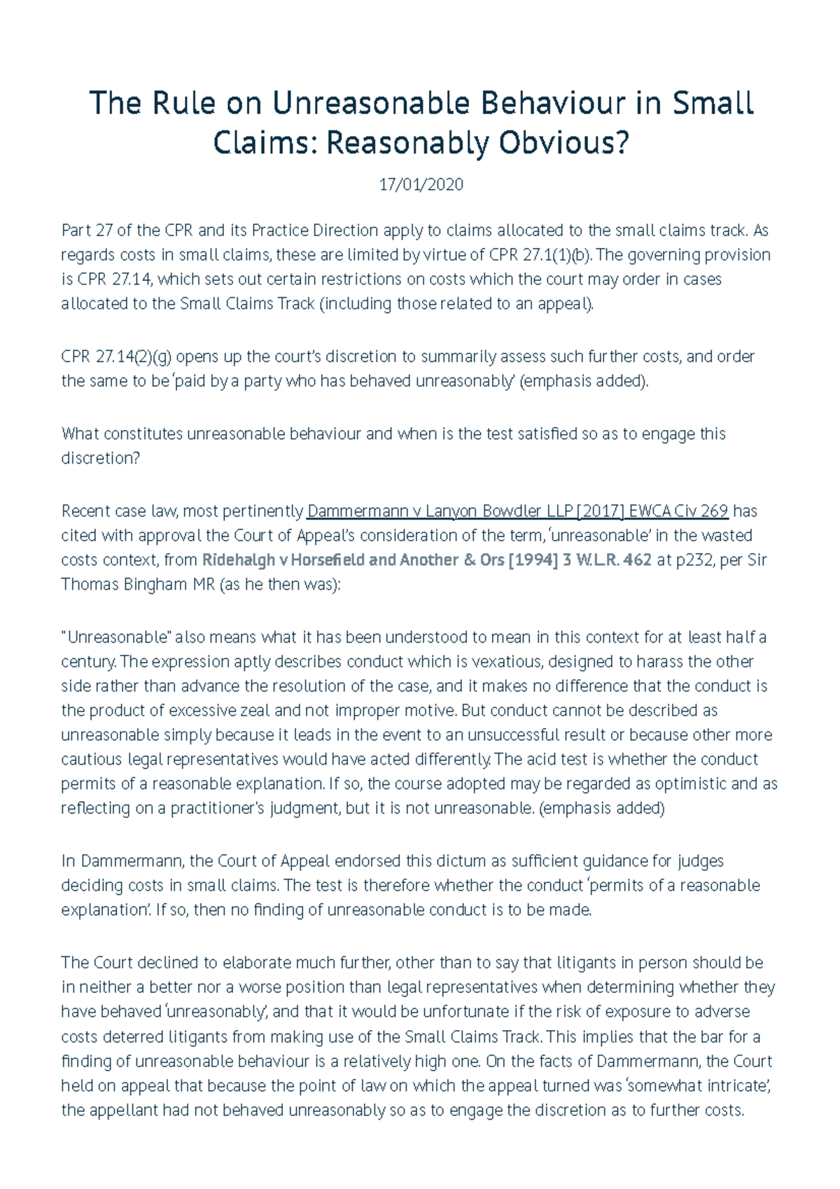The Rule on Unreasonable Behaviour in Small Claims: Analyzing CPR Part ...