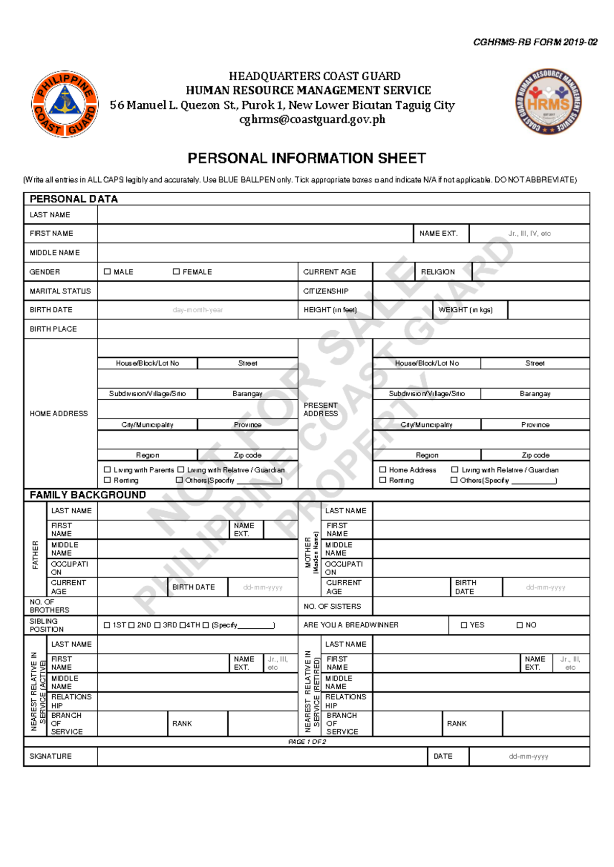 Personal Information Sheet 2019 - HEADQUARTERS COAST GUARD HUMAN ...