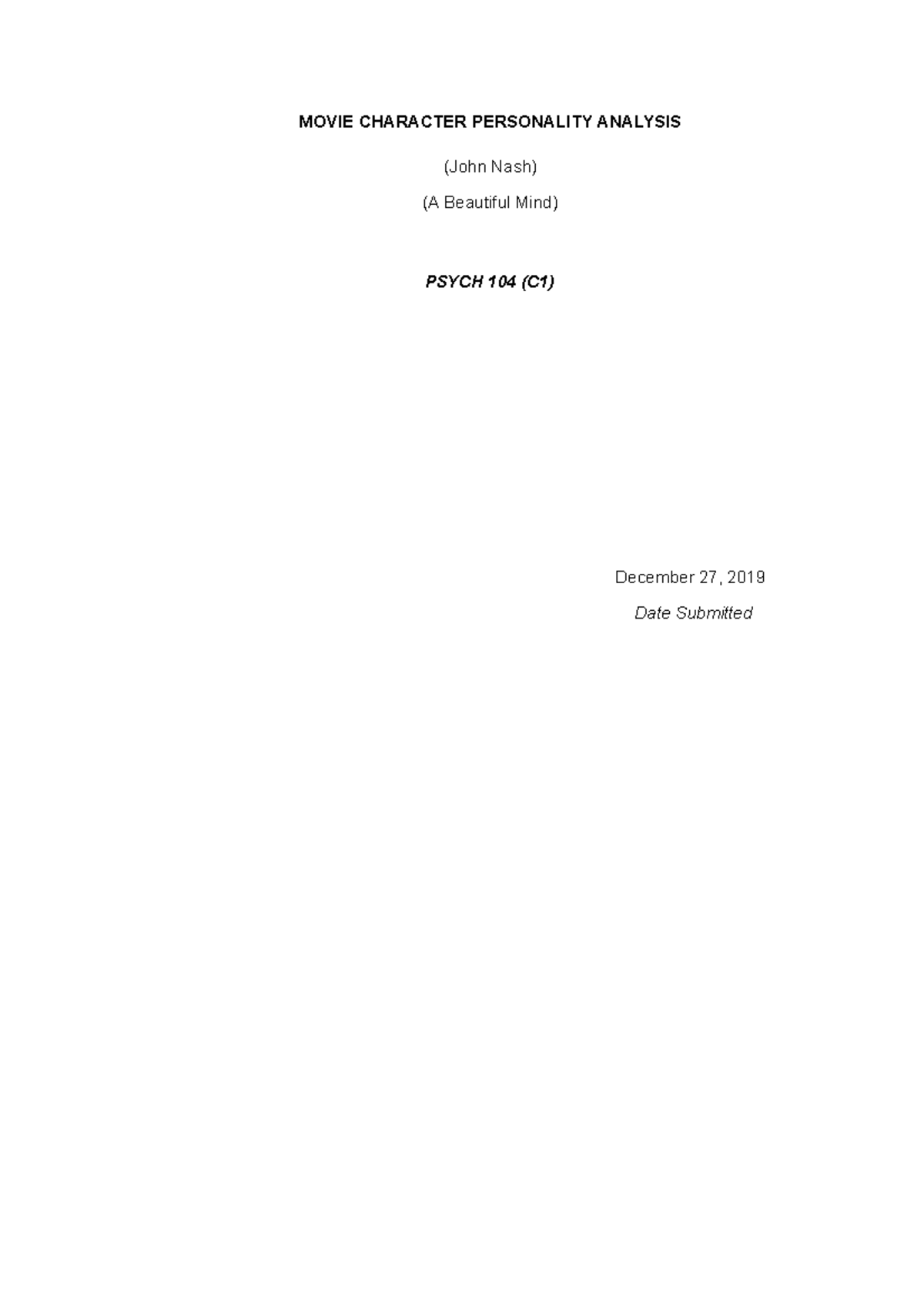 Critical Analysis of John Nash in A Beautiful Mind - PSYCH 104 (C1 ...