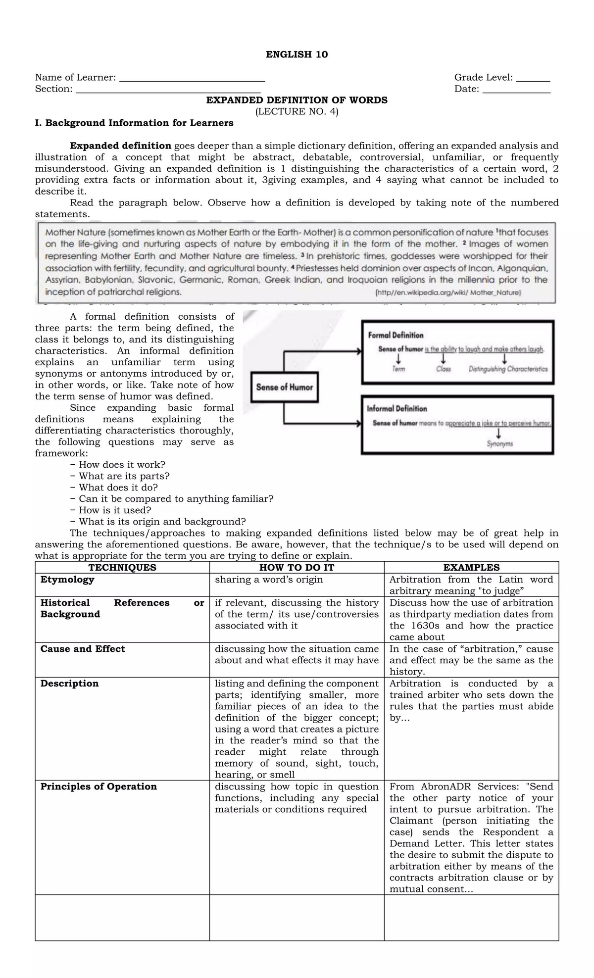 ENGLISH 10 Expanded Definitions Lecture No. 4 Notes - Studocu