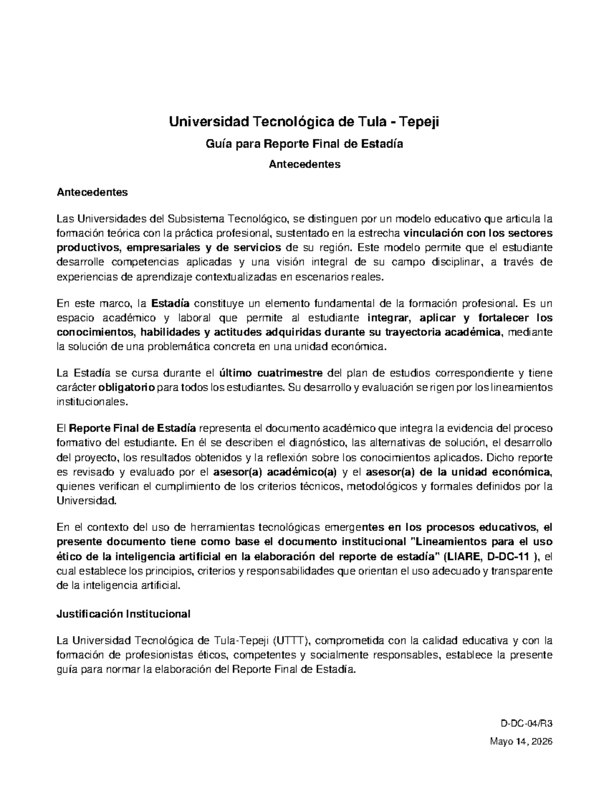 Guía para el Reporte Final de Estadía D-DC-04 - Abr 2026 - Studocu