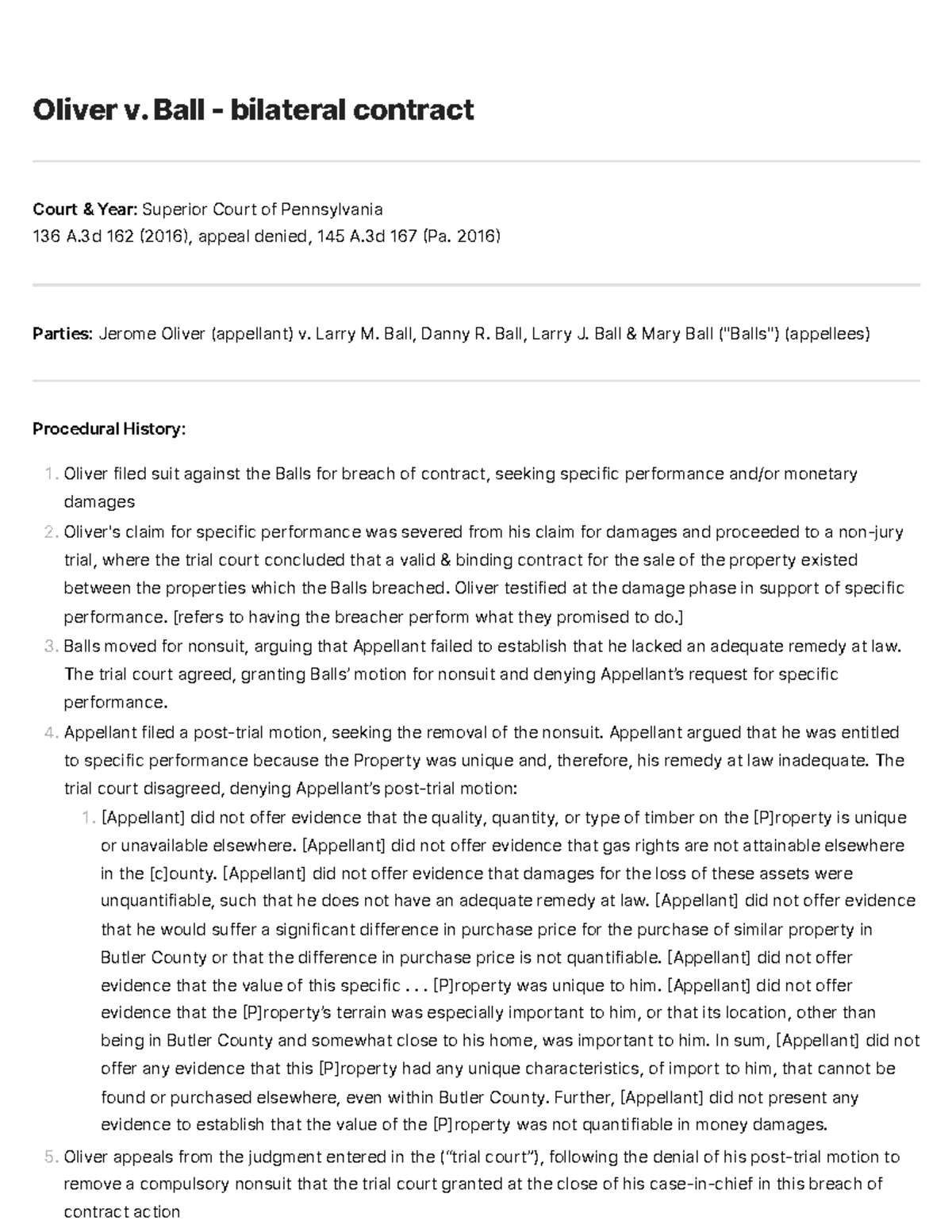 Oliver v. Ball - bilateral contract - Oliver v. Ball - bilateral ...