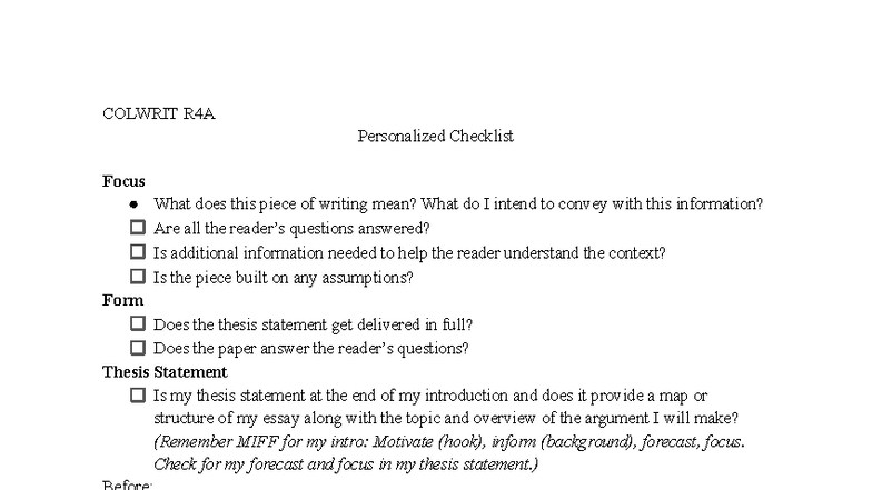 COLWRIT R4A Essay Revision Checklist: Making Meaning Clear - Studocu