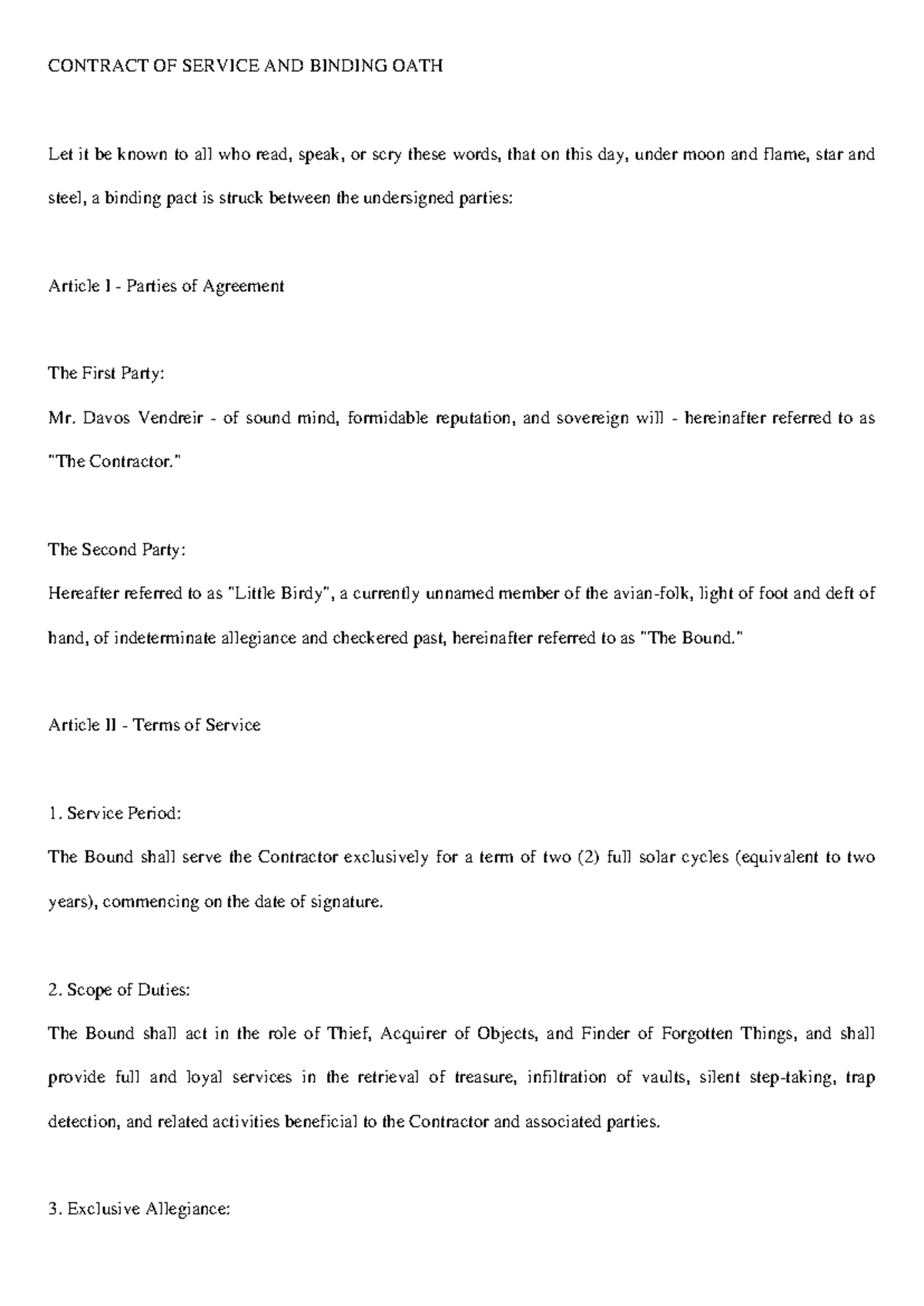 Final DnD Contract of Service: Oath of Undying Loyalty - Studocu