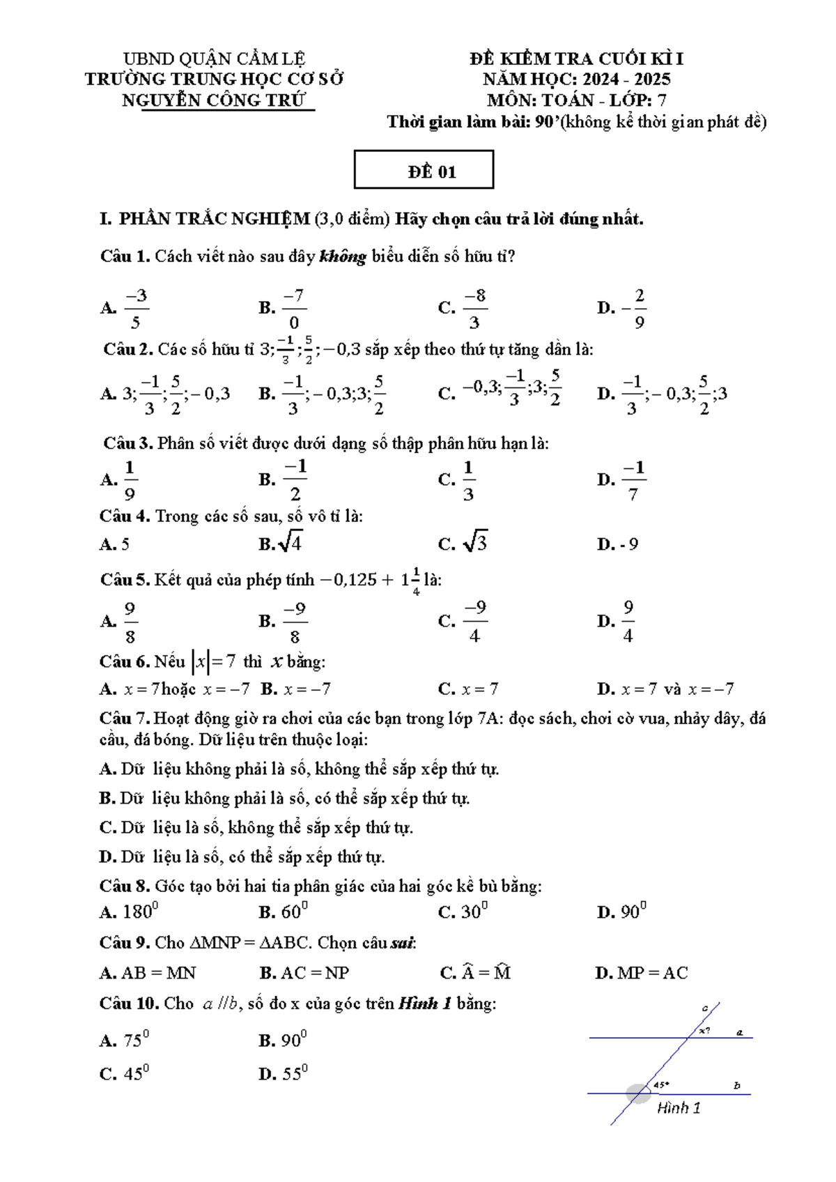 Đề Kiểm Tra Cuối Kỳ I Môn Toán Lớp 7 - Năm Học 2024-2025 - Studocu