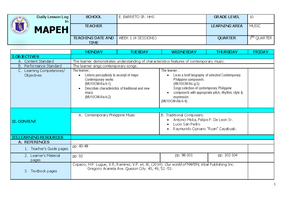 Daily Lesson Log for MAPEH 10: Contemporary Music & Arts - Studocu