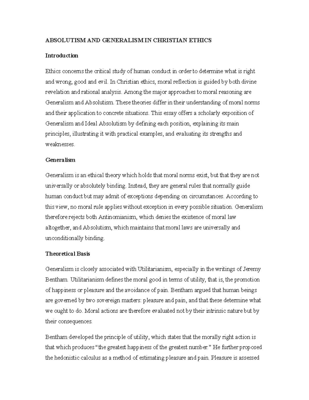 Christian Ethics: Generalism vs. Absolutism Analysis - Studocu