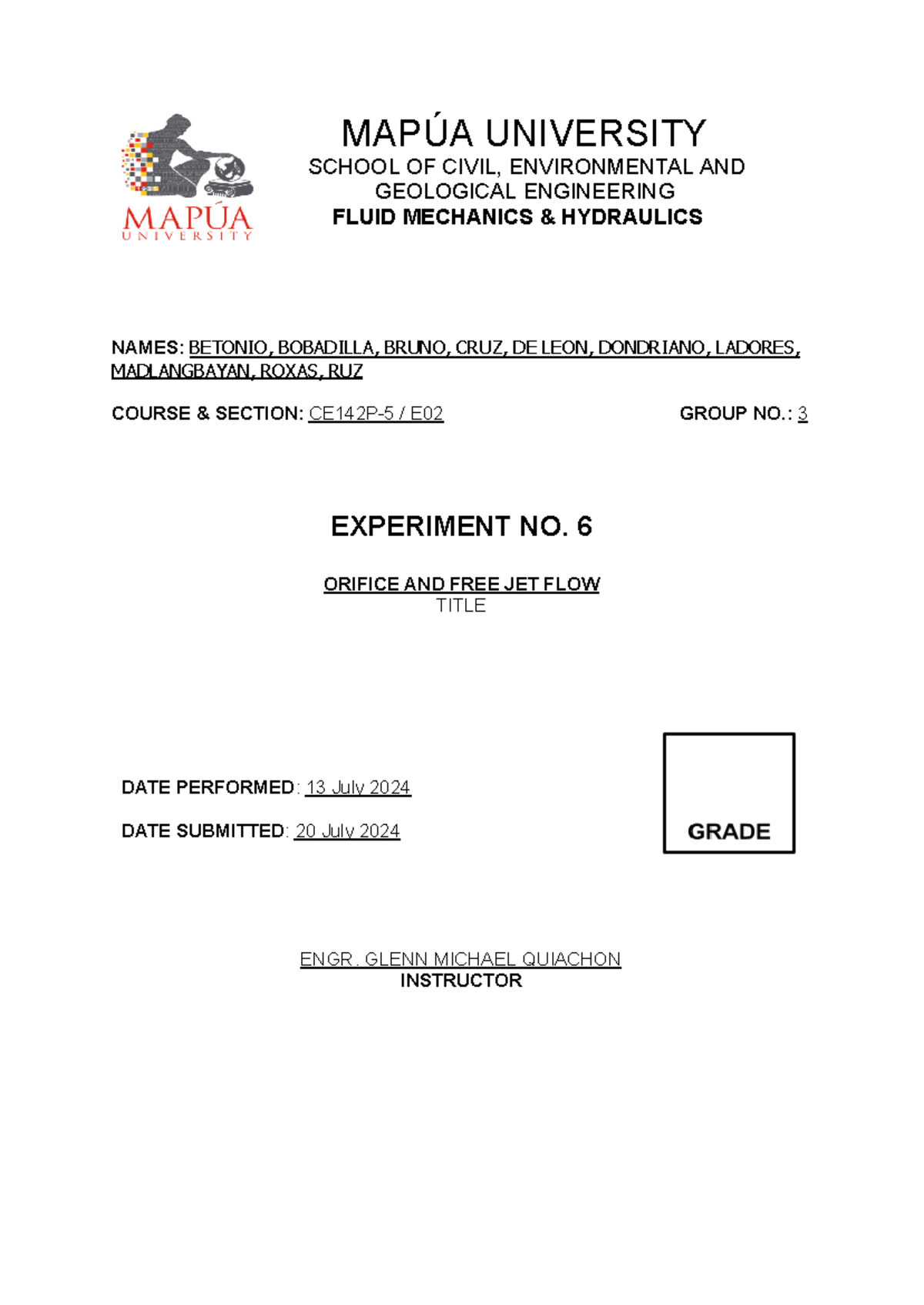 CE142P-5 Lab Report 6: Orifice and Free Jet Flow Experiment - Studocu