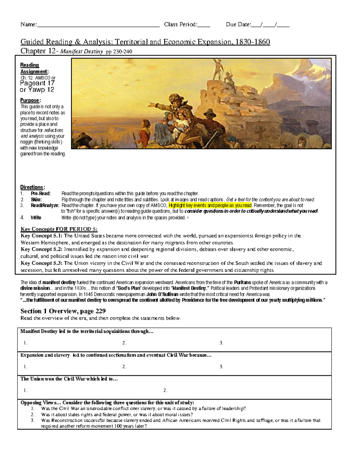 Guided Reading Analysis: Manifest Destiny & Economic Expansion (Ch. 12 ...