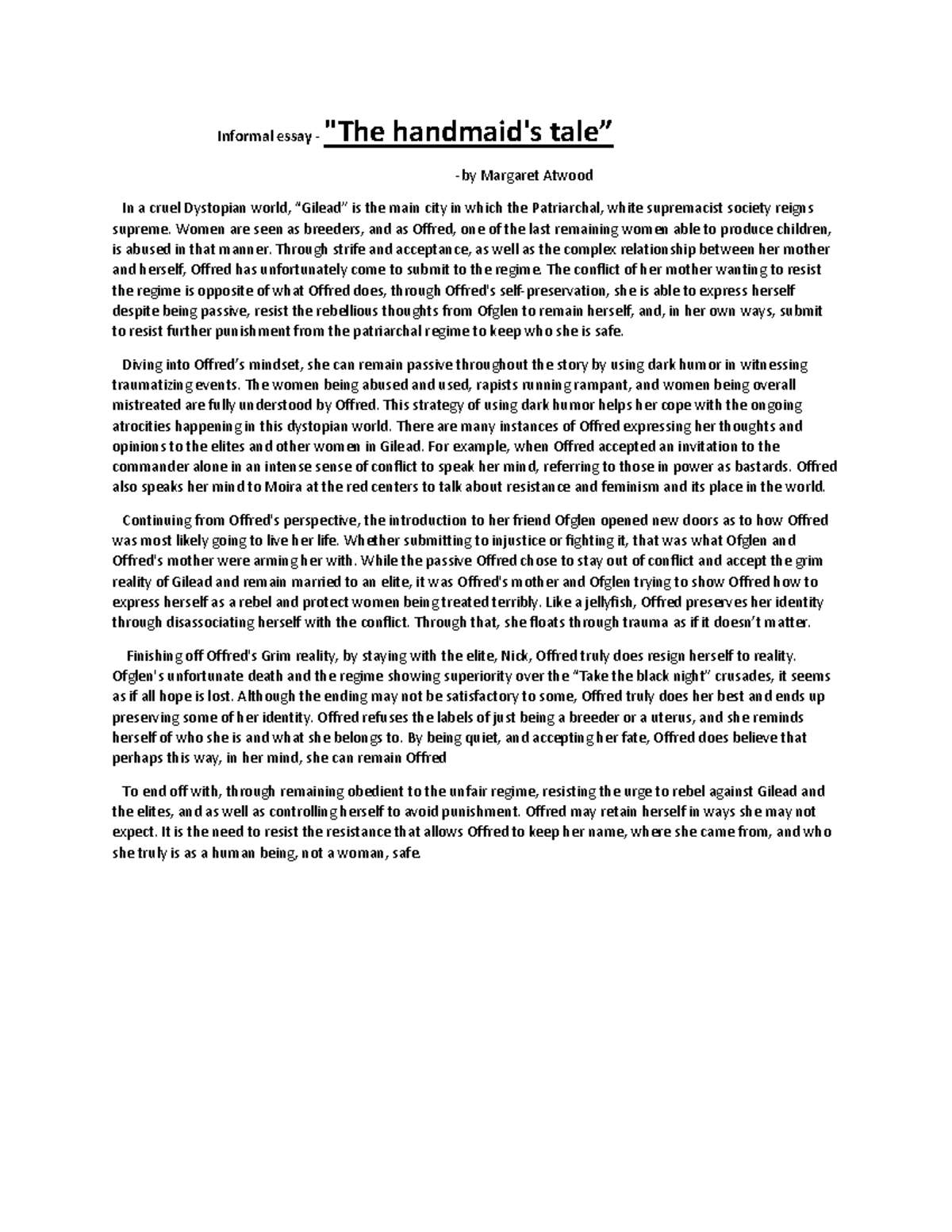 Literary fair informative essay - Informal essay - "The handmaid's tale ...