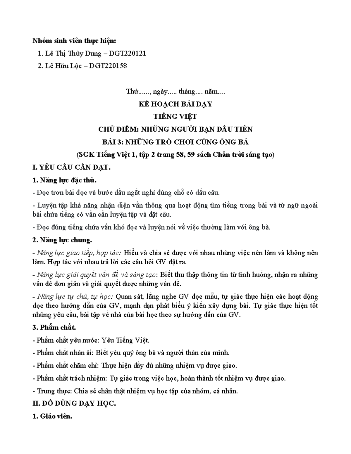 TV lớp 1 bài 3 những trò chơi cùng ông bà - Nhóm sinh viên thực hiện: 1 ...