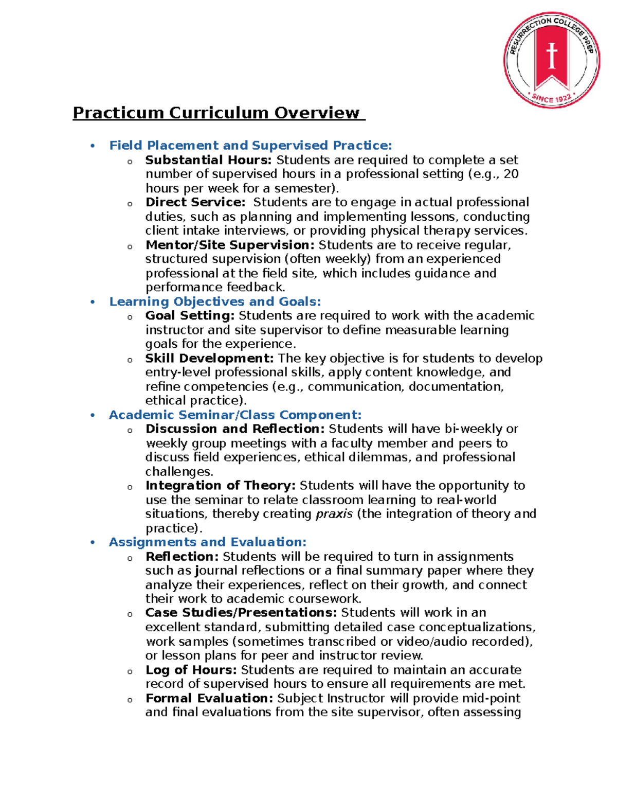 Practicum Curriculum Overview: Field Placement & Supervised Practice ...