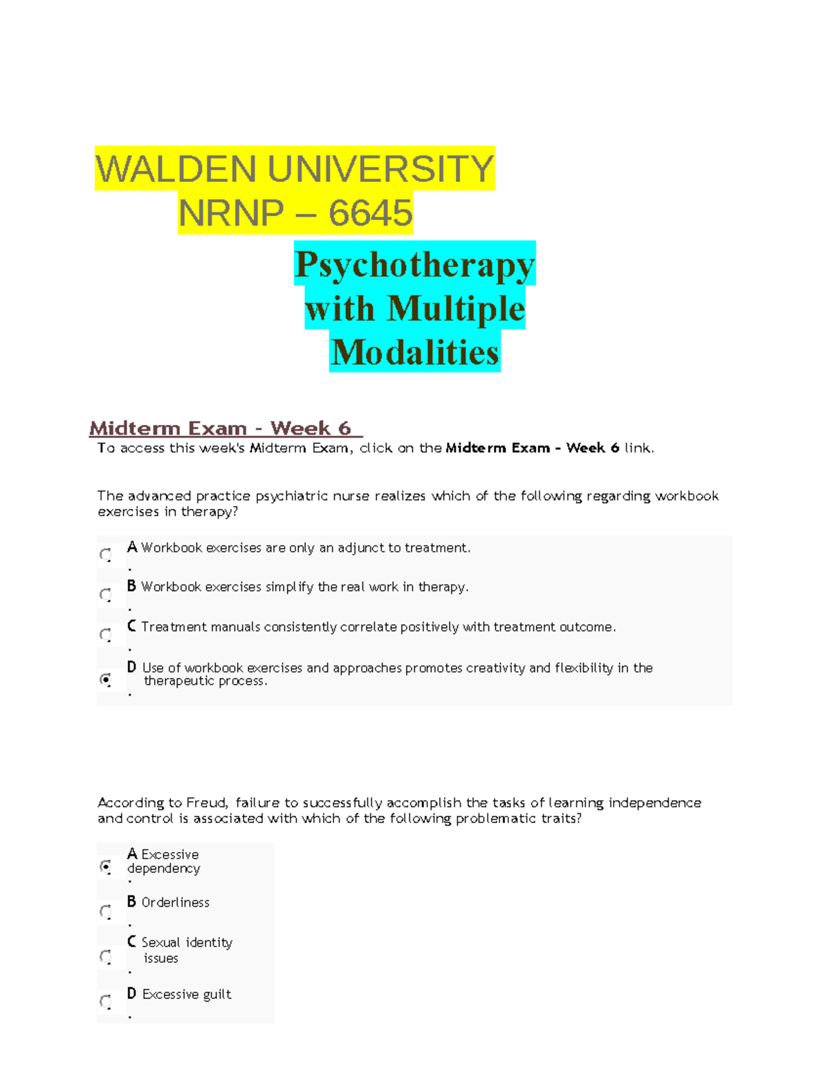 Psychotherapy with multiple modalities midterm exam week 6 - A Workbook ...